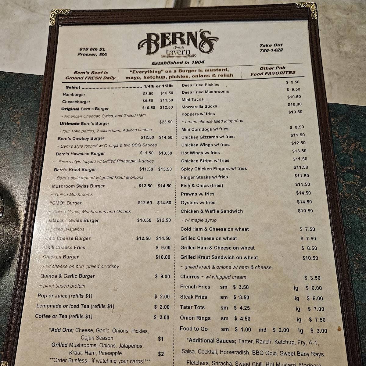 Menu at Bern's Tavern Pub & Grill, Prosser