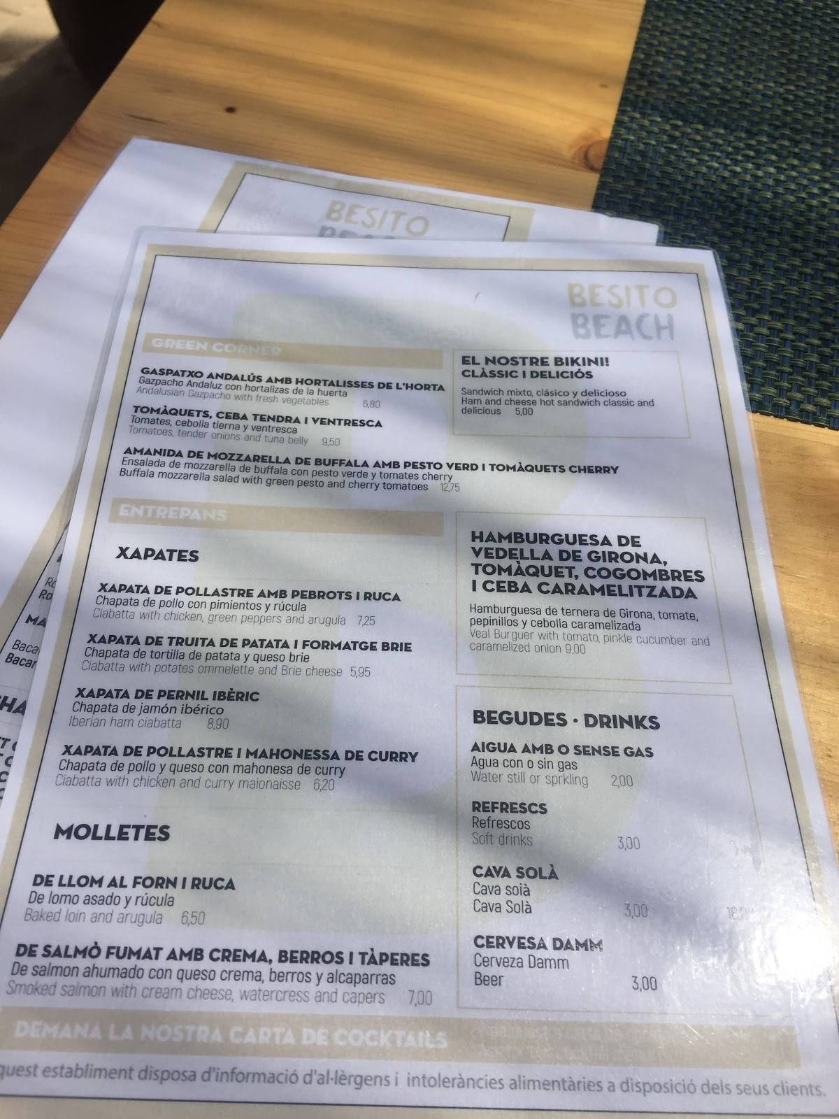 Carta del restaurante Beso Beach Sitges, Sitges