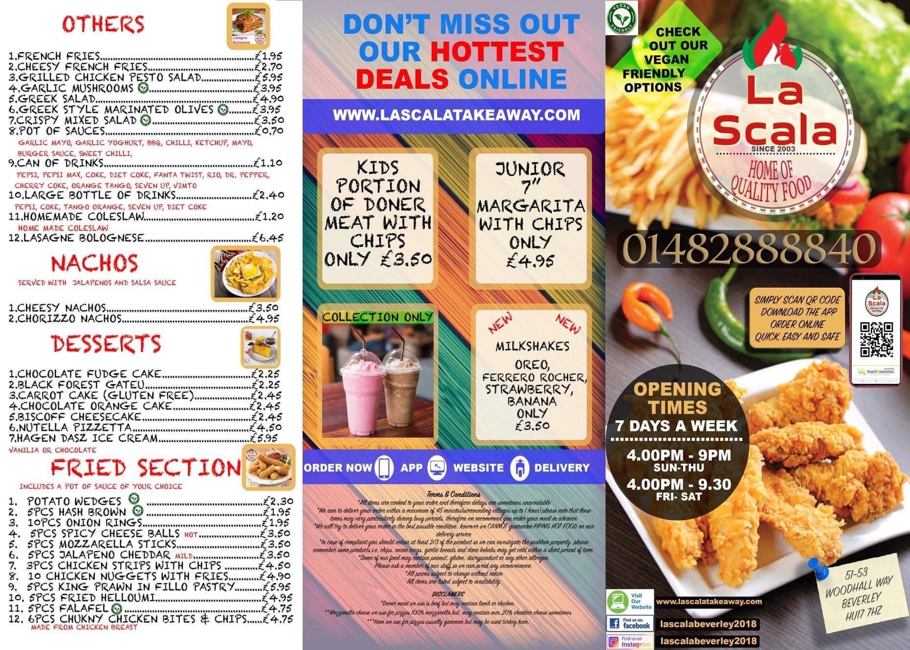 Menu at La Scala pizzeria, Beverley, 51 Woodhall Way