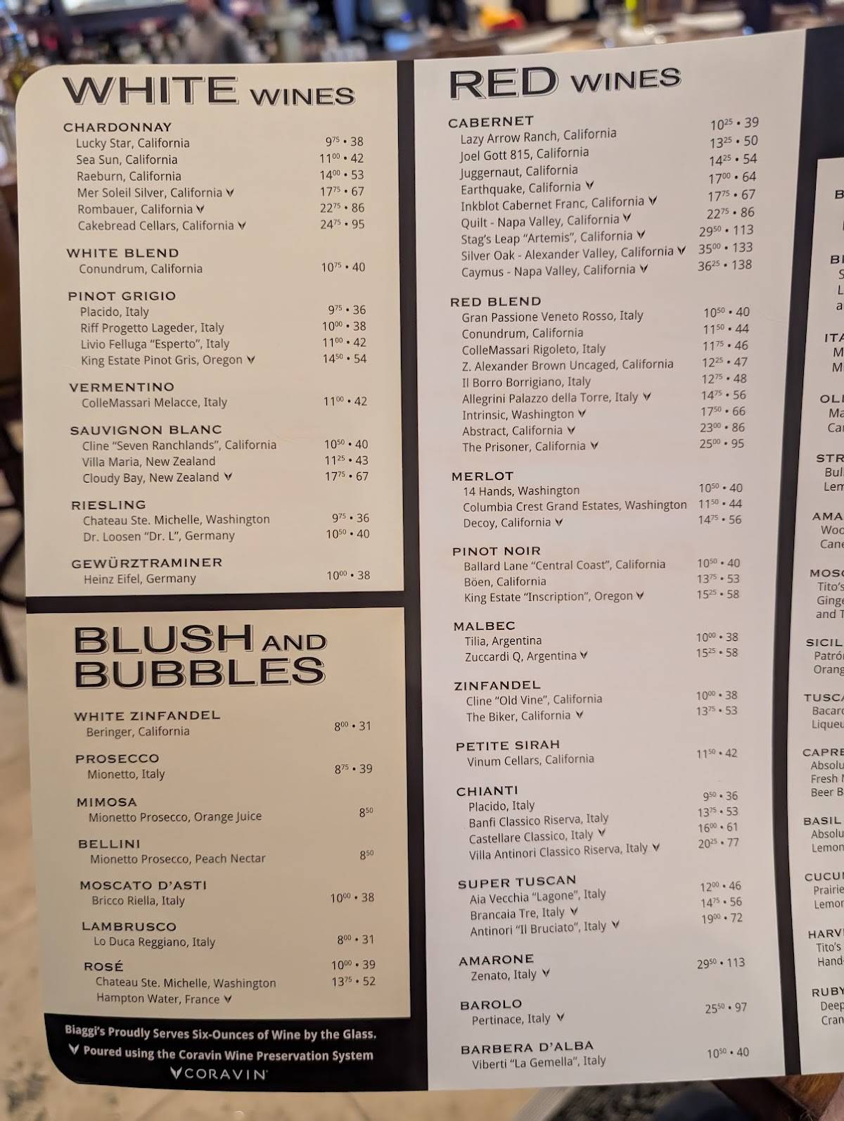 Menu at Biaggi's Ristorante Italiano restaurant, Cedar Rapids