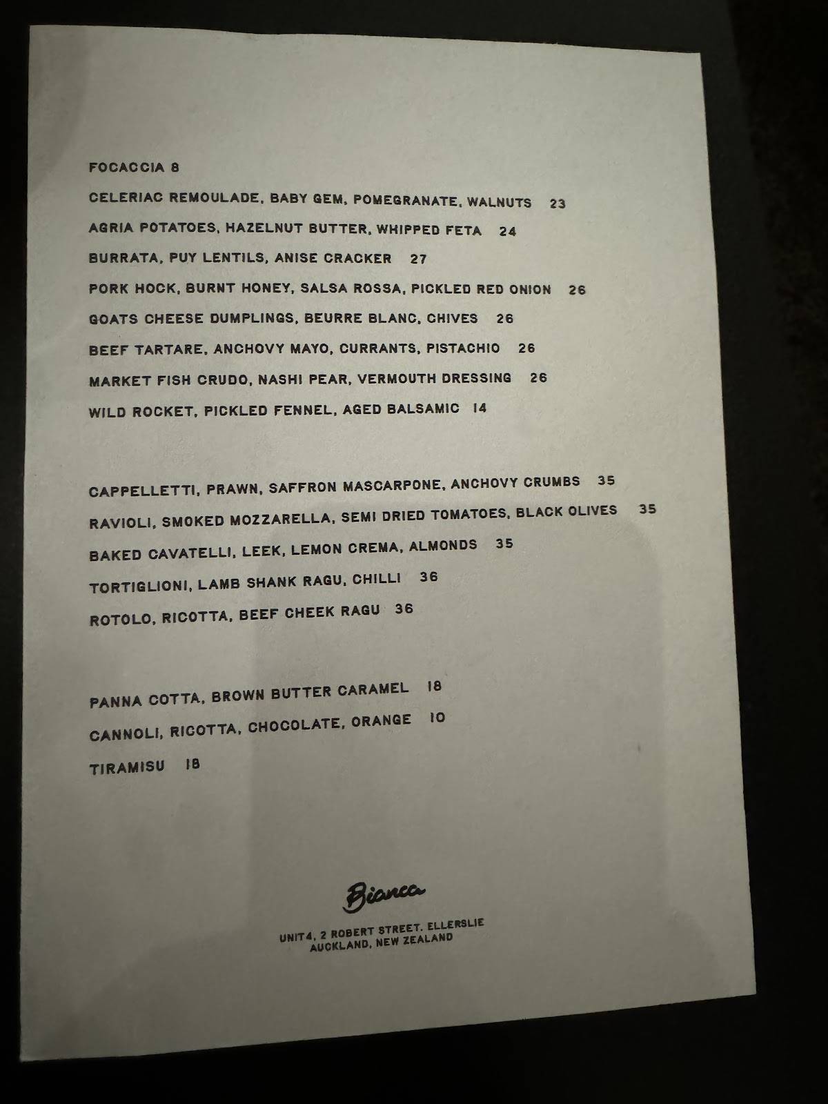 Menu at Bianca restaurant, Auckland