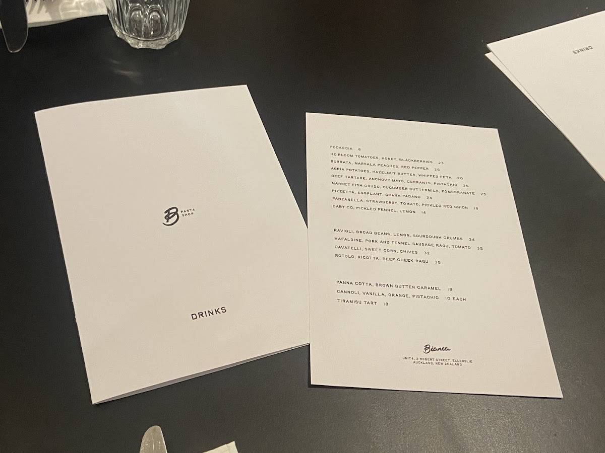 Menu at Bianca restaurant, Auckland