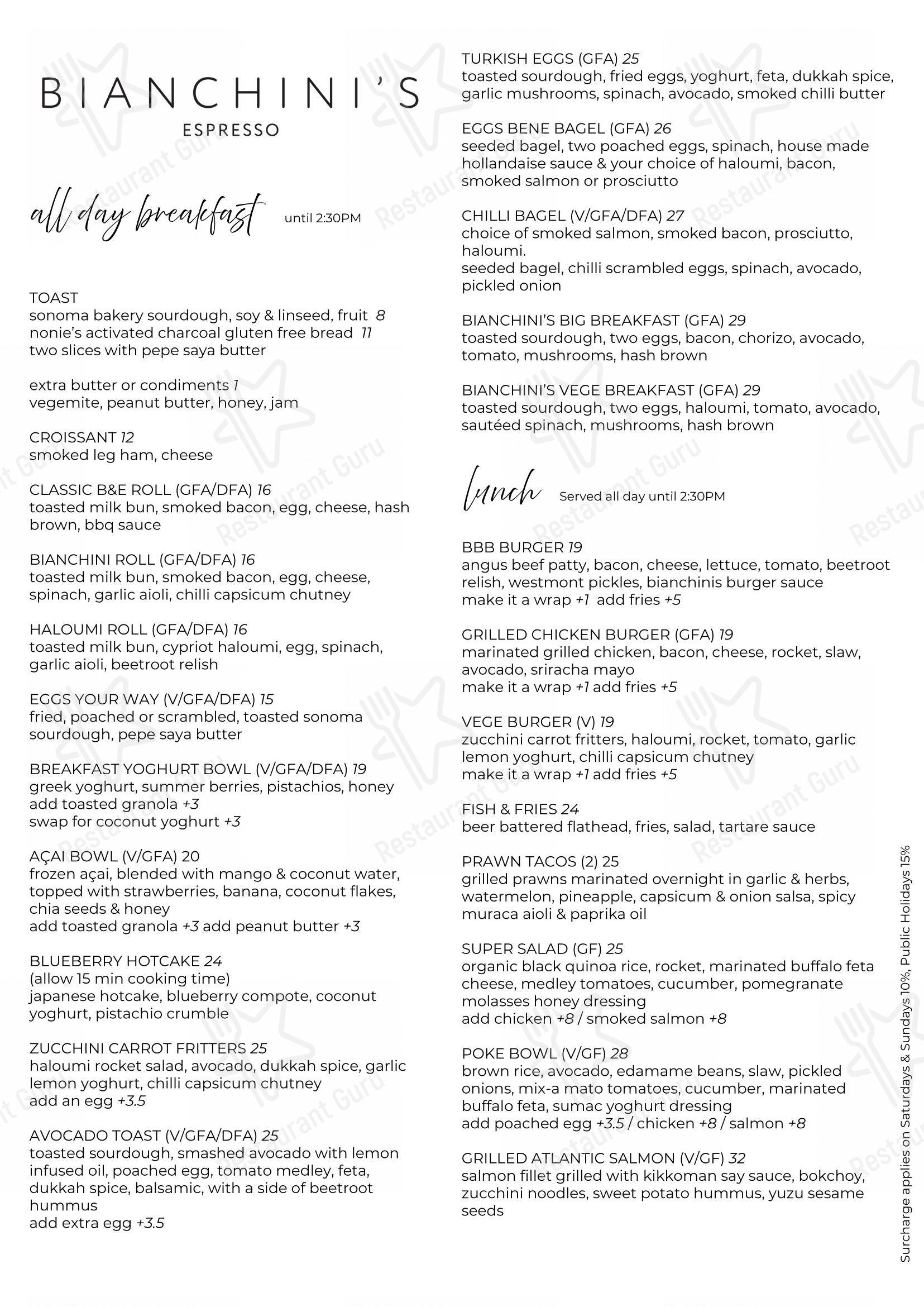 Menu at Bianchini's Elouera Beach cafe, Cronulla, 80 Mitchell Rd