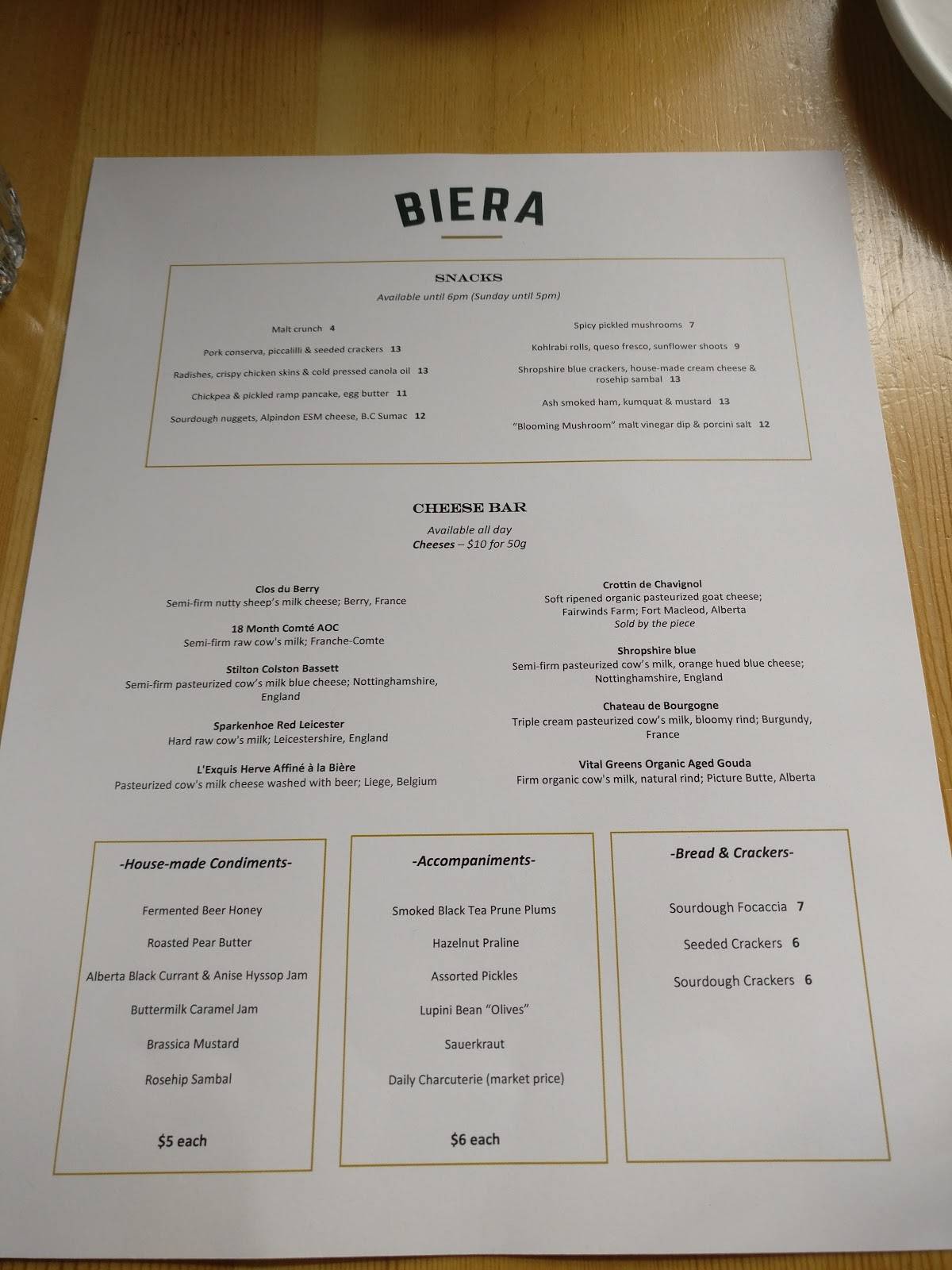 Menu at Biera pub & bar, Edmonton