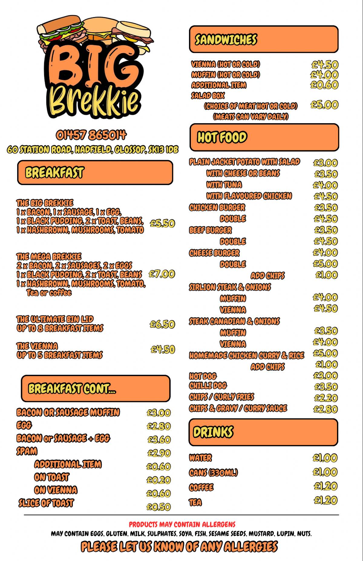 Menu at The Big Brekkie LTD fast food, Glossop