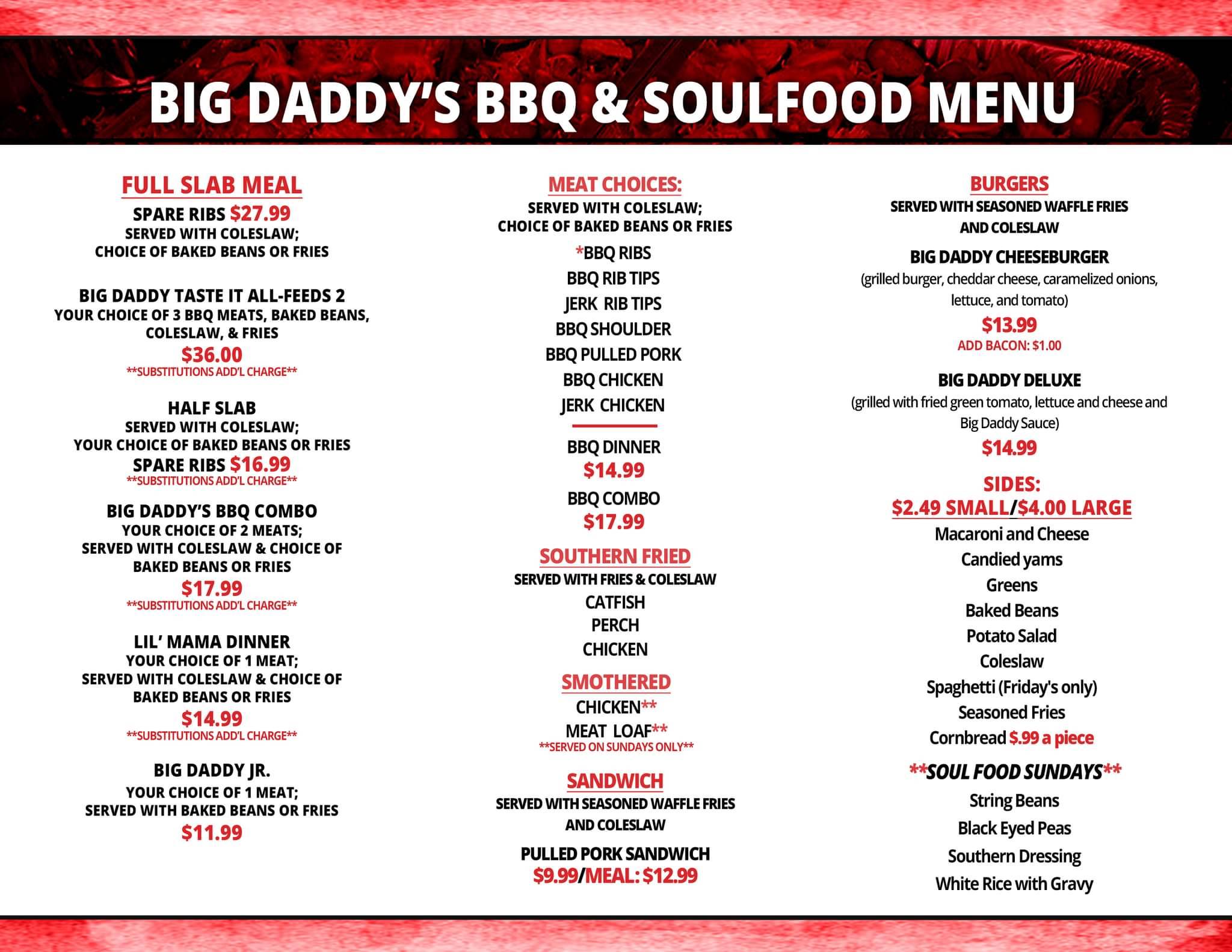 Menu at Big Daddy's BBQ & Soul Food, Milwaukee, W Capitol Dr