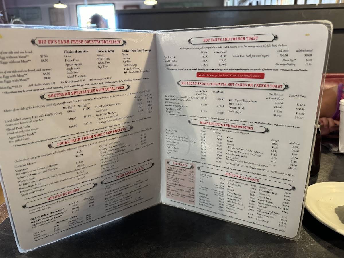 Menu at Big Ed's North Restaurant, Raleigh