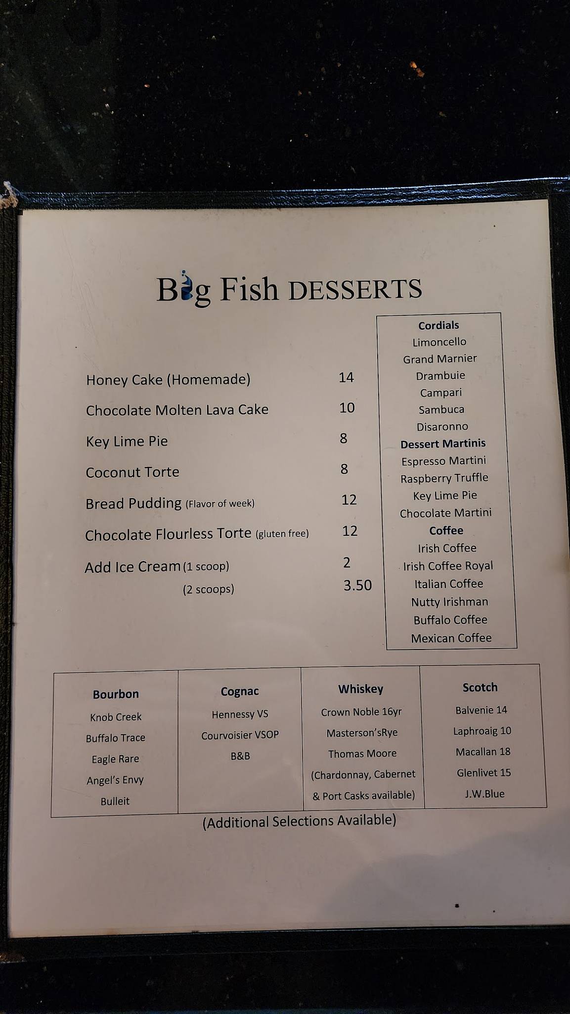 Menu at Big Fish Restaurant, Orange Beach