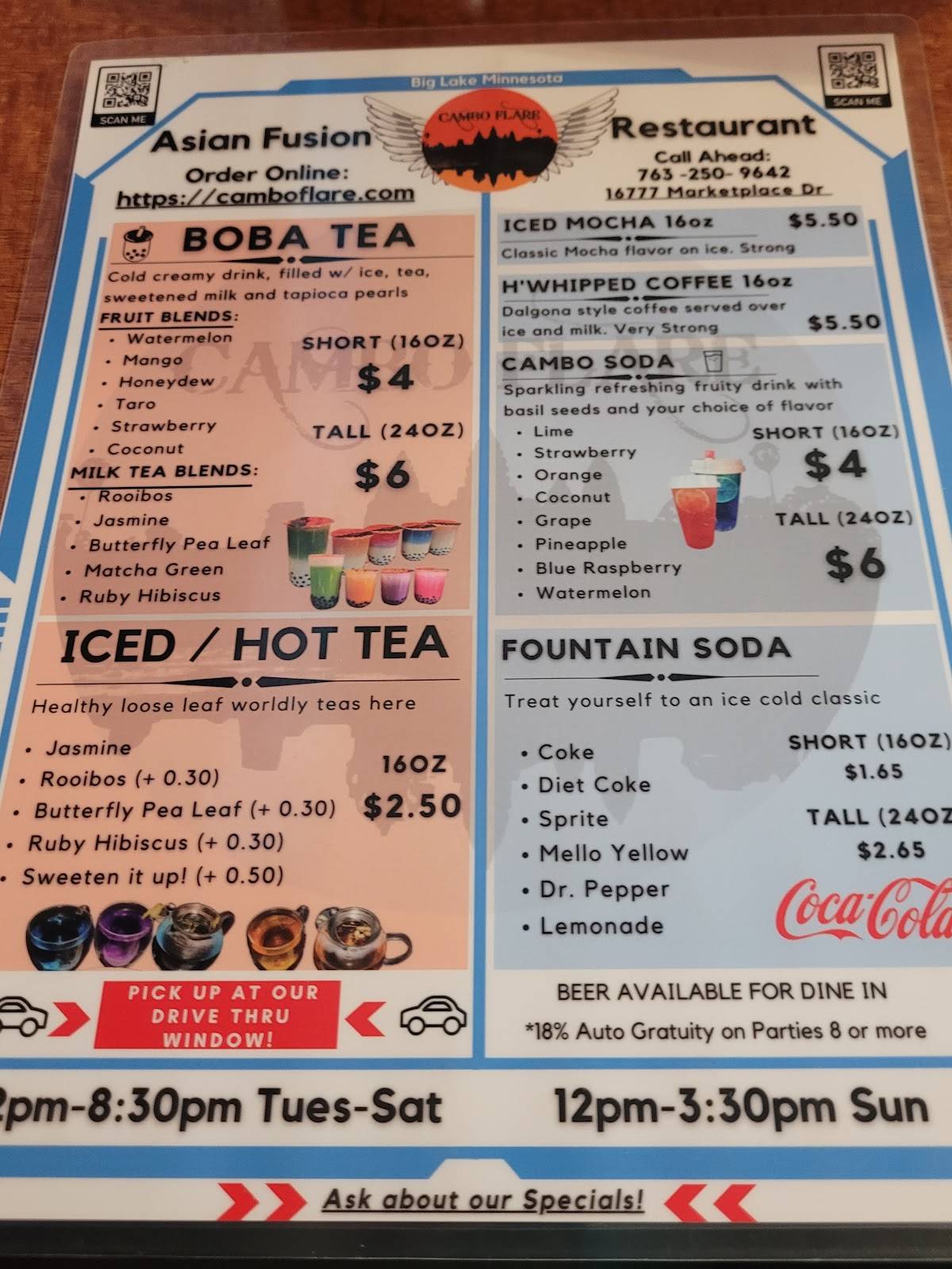 Menu at Cambo Flare restaurant, Big Lake