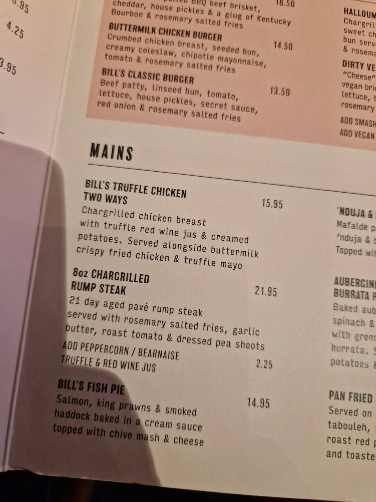 Menu at Bill's Exeter Restaurant, Exeter