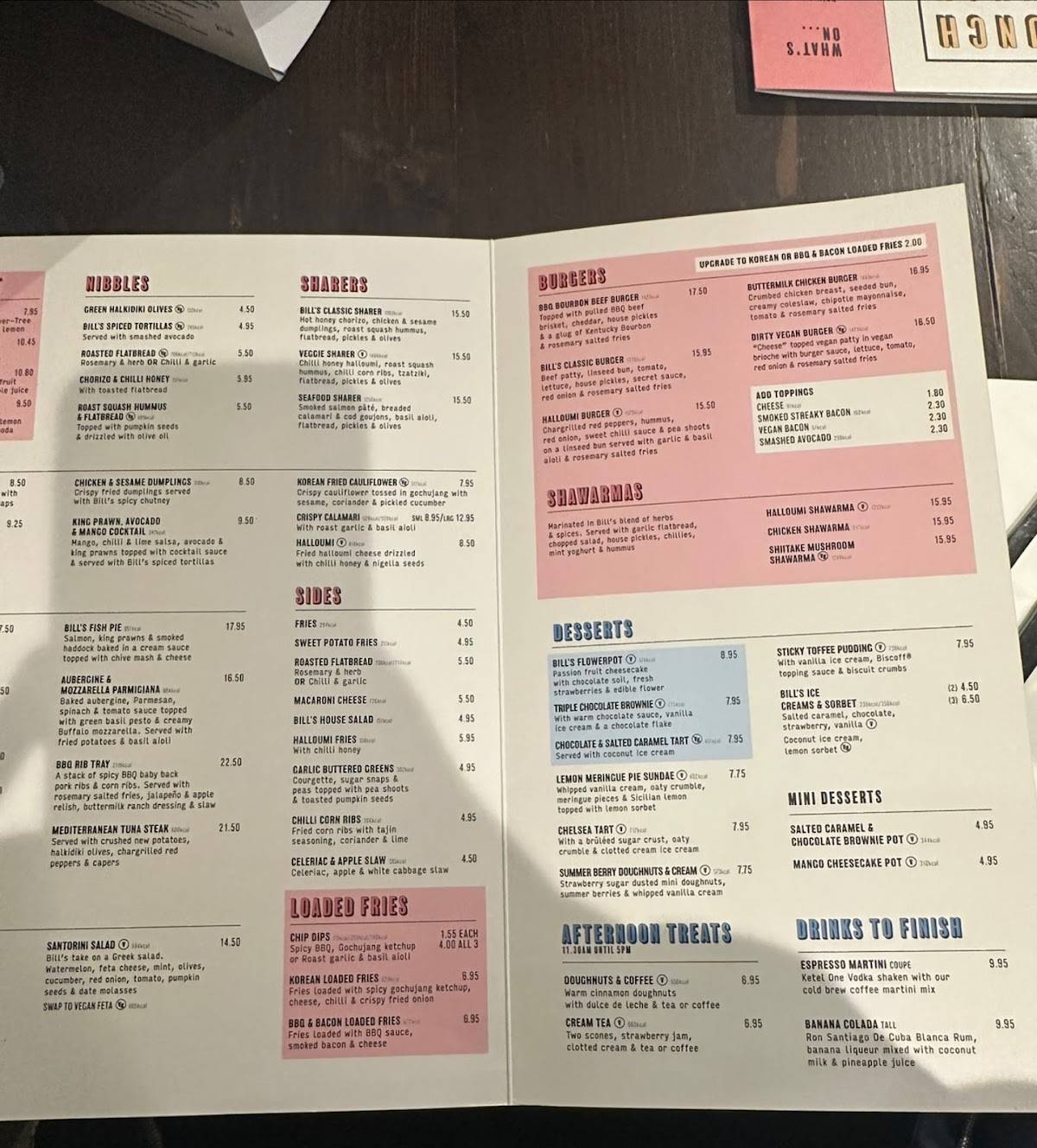 Menu at Bill’s restaurant, London, Victor Wharf