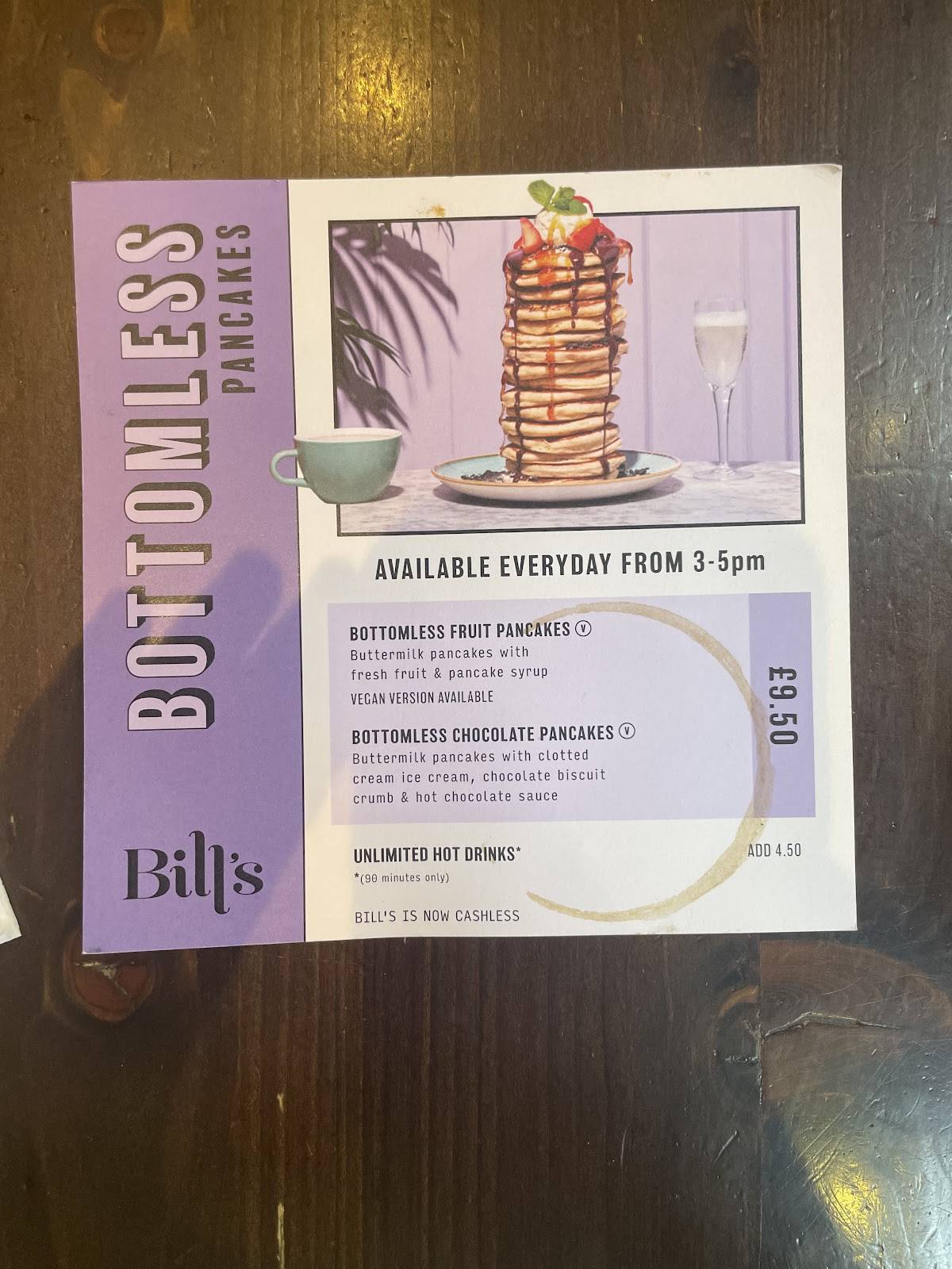 Menu at Bill’s restaurant, London, Victor Wharf