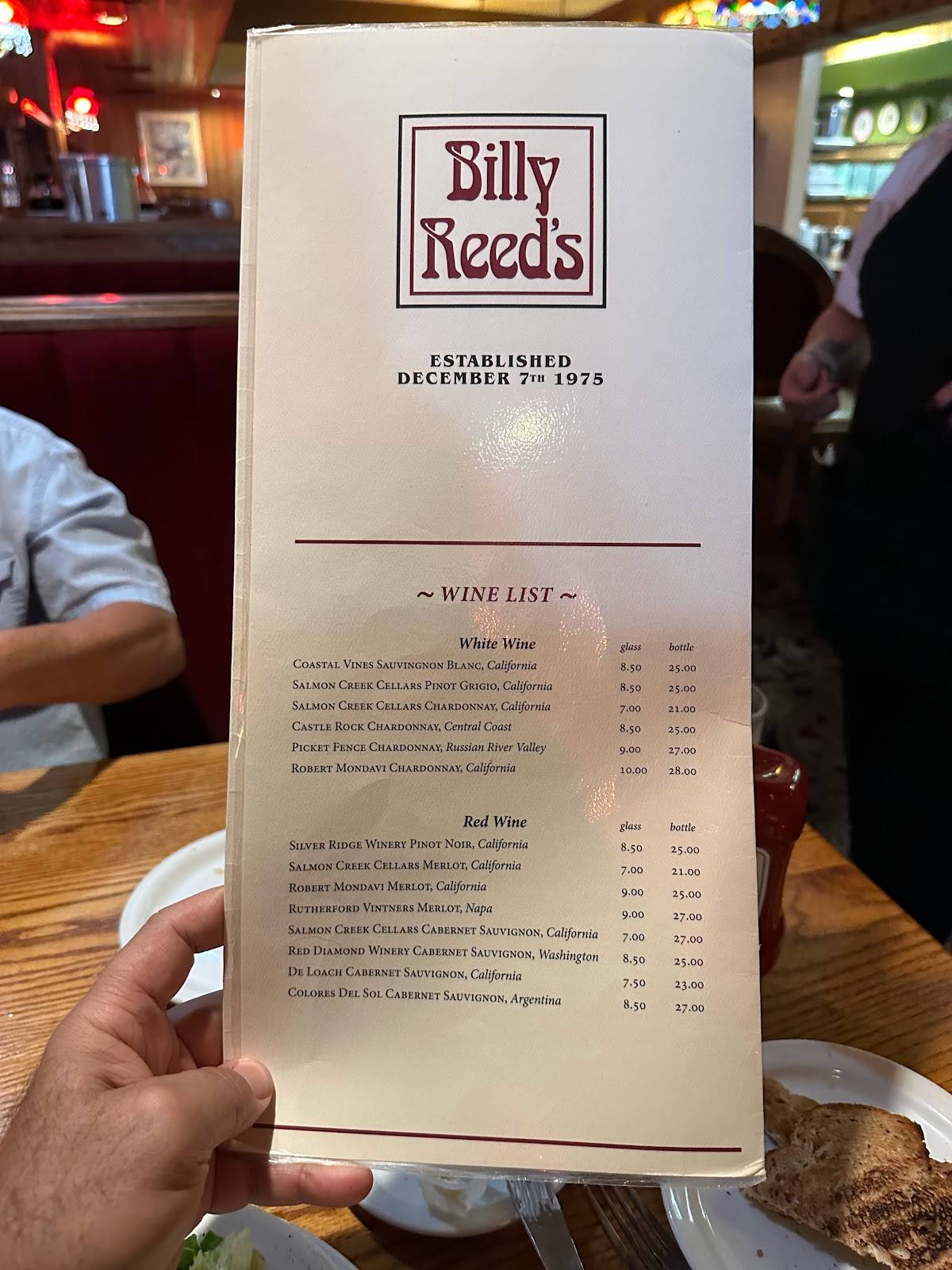 Menu at Billy Reed's Palm Springs restaurant, Palm Springs