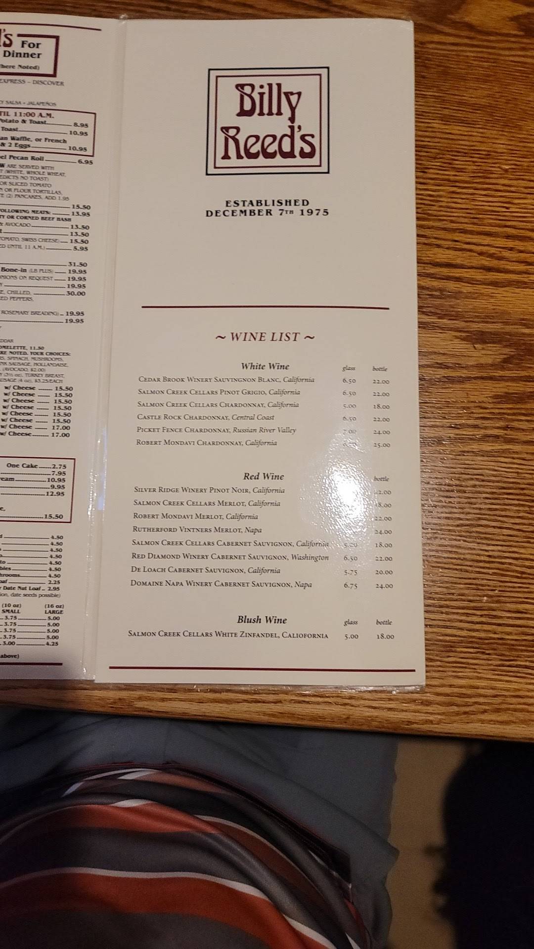 Menu at Billy Reed's Palm Springs restaurant, Palm Springs