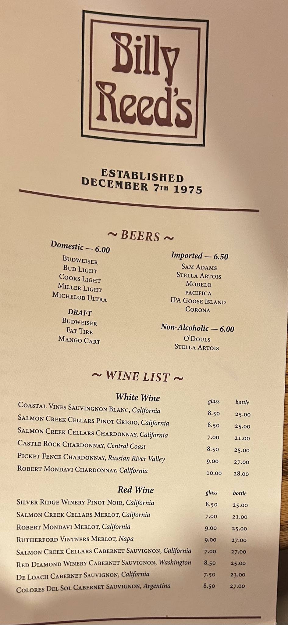 Menu at Billy Reed's Palm Springs restaurant, Palm Springs
