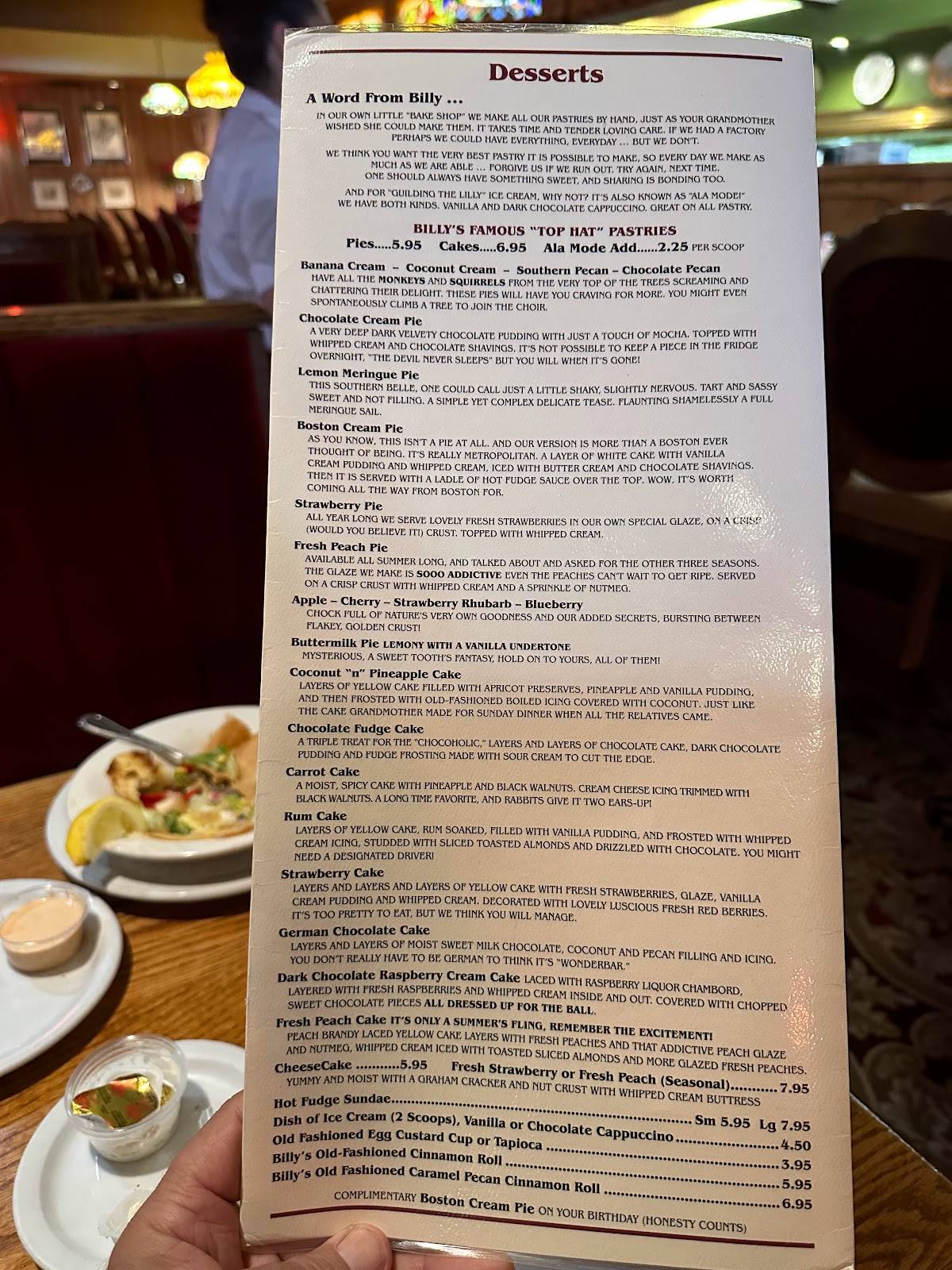 Menu at Billy Reed's Palm Springs restaurant, Palm Springs