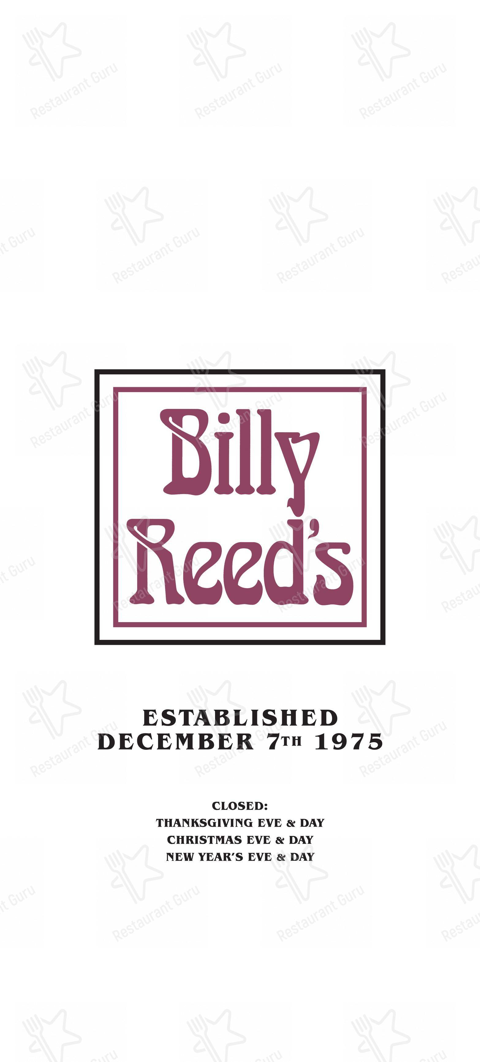 Menu at Billy Reed's Palm Springs restaurant, Palm Springs