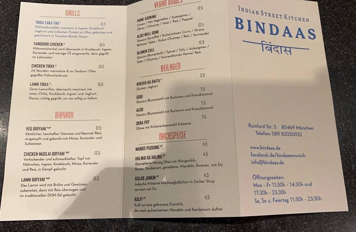 Speisekarte von Bindaas restaurant, München