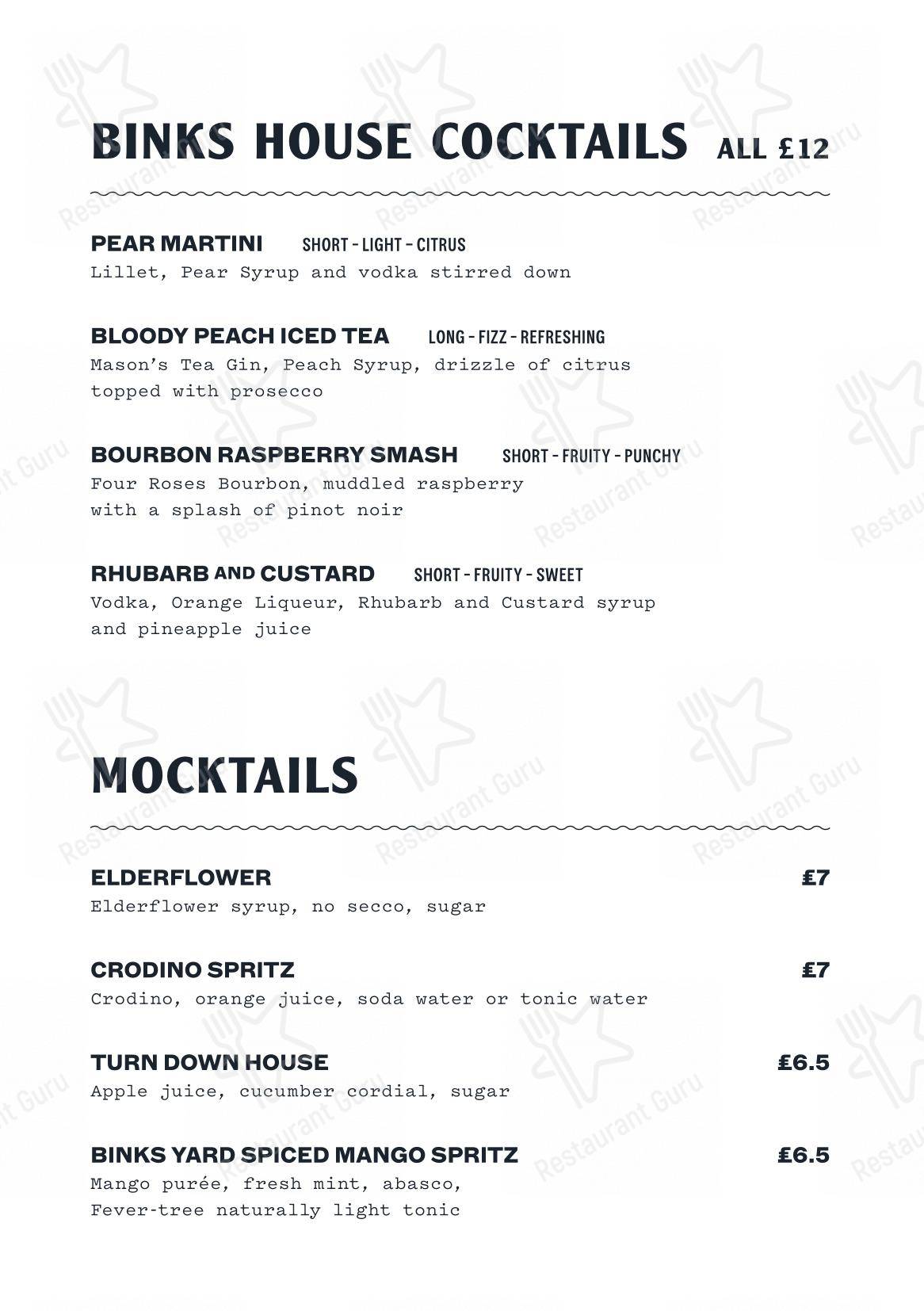 Menu at Binks Yard restaurant, Nottingham