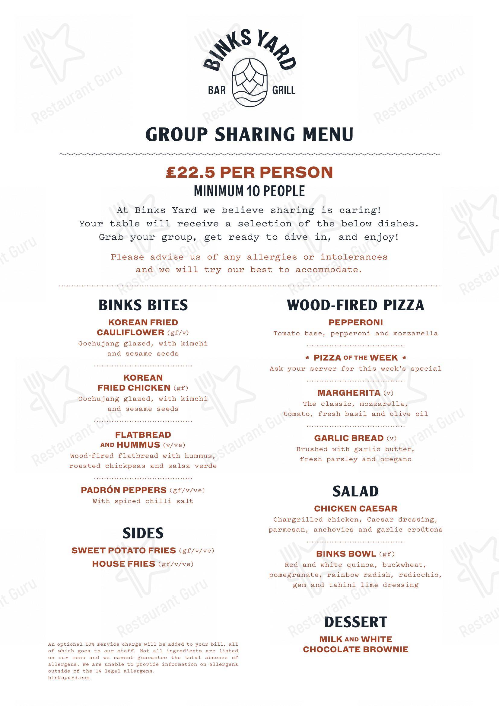 Menu at Binks Yard restaurant, Nottingham
