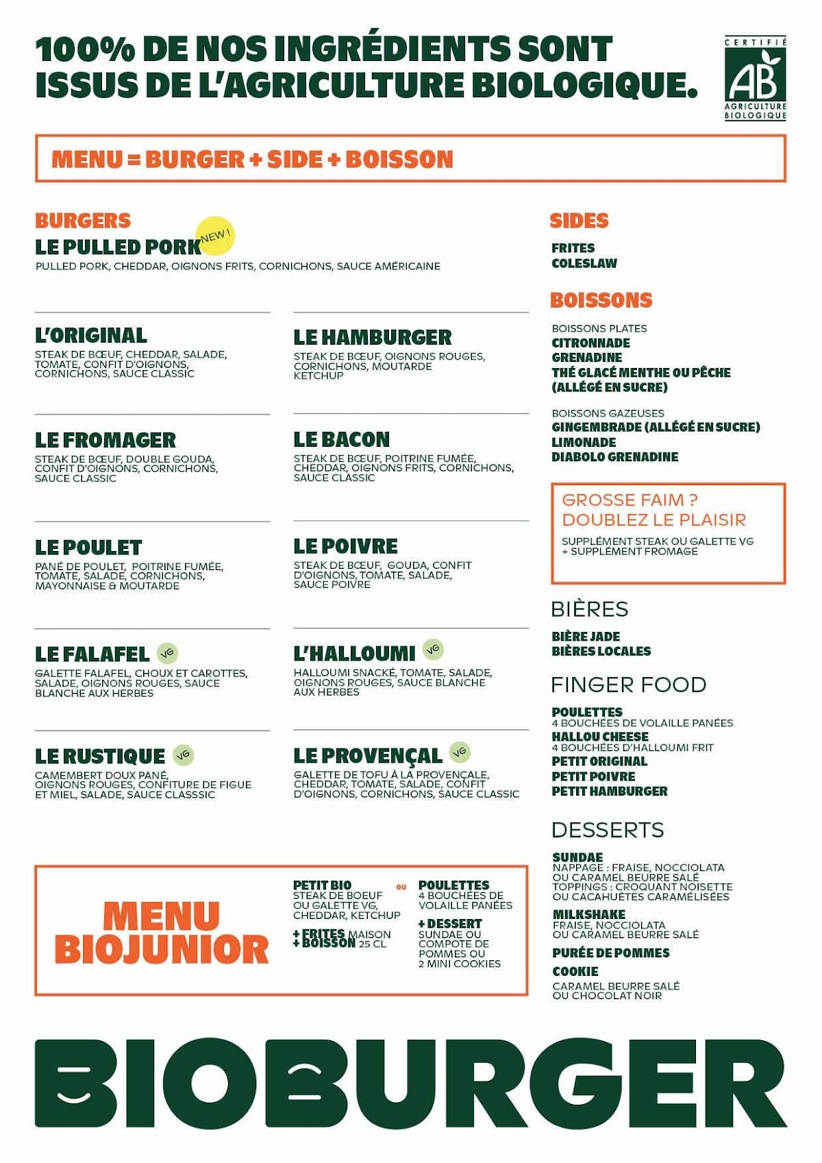 Menu au Bioburger Orléans Châtelet restaurant, Orléans