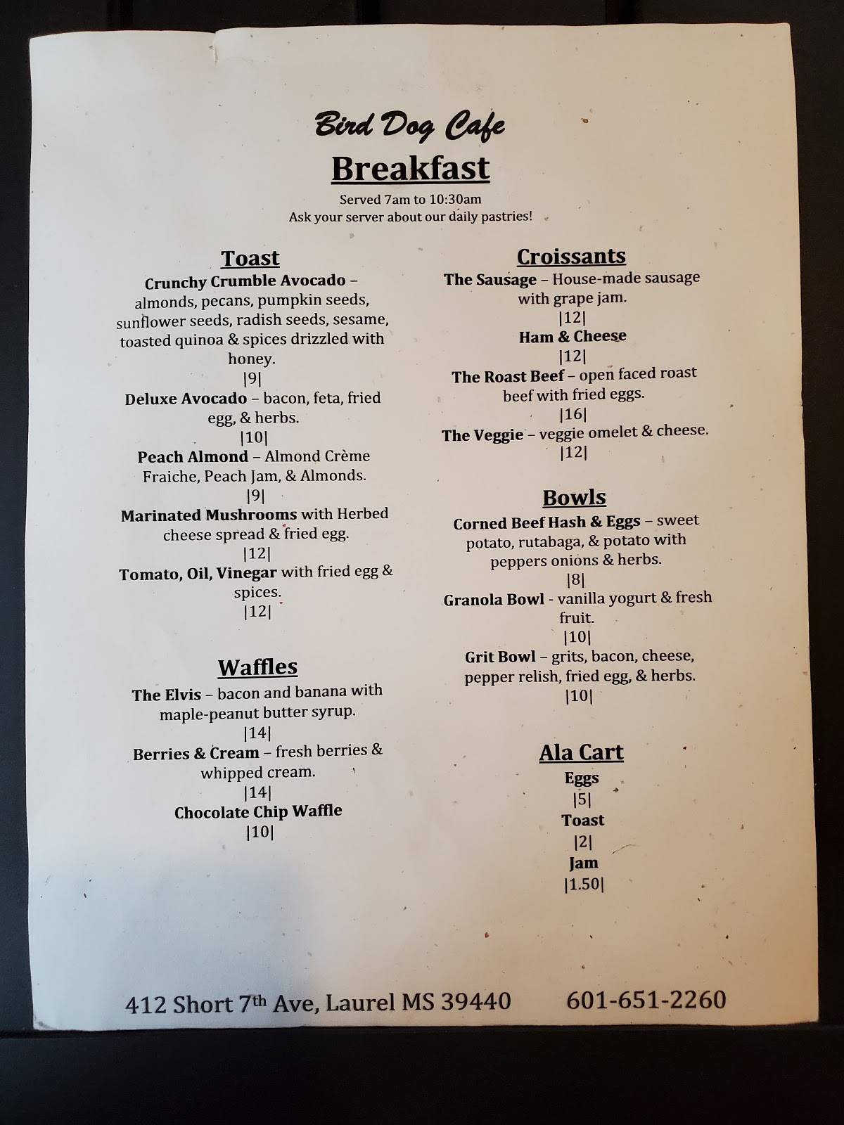Menu at Bird Dog Cafe, Laurel