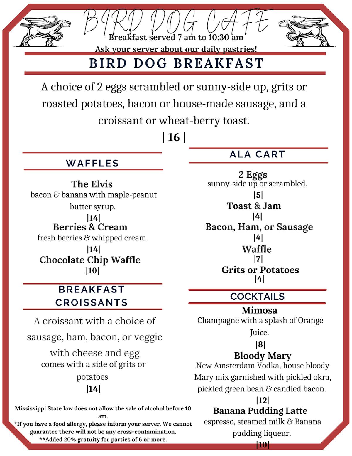 Menu at Bird Dog Cafe, Laurel