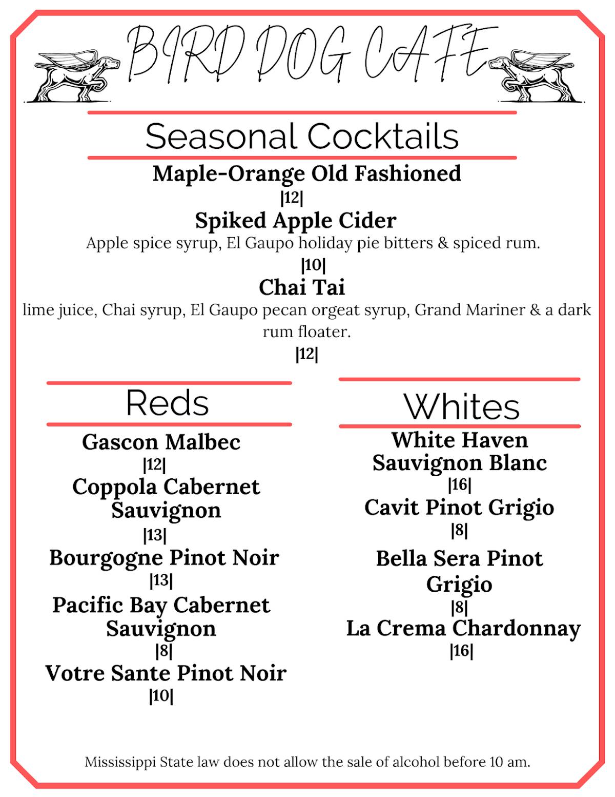 Menu at Bird Dog Cafe, Laurel