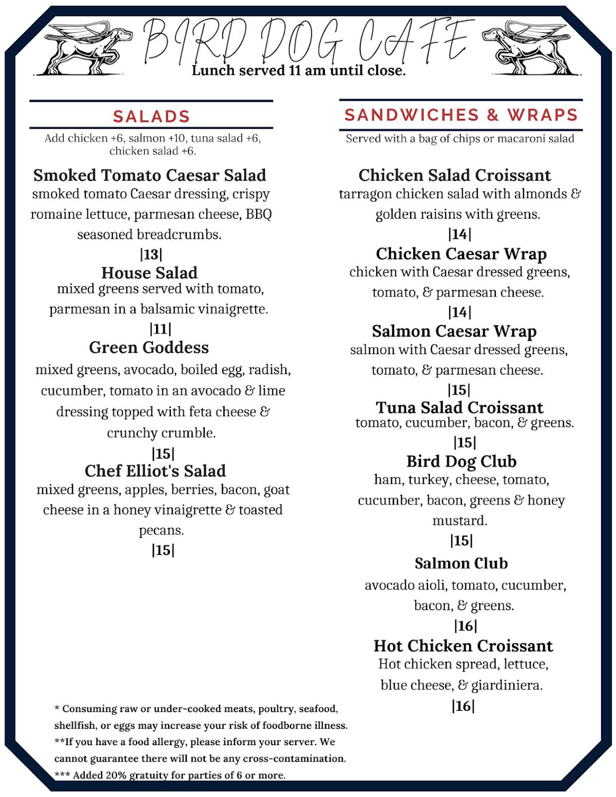 Menu at Bird Dog Cafe, Laurel