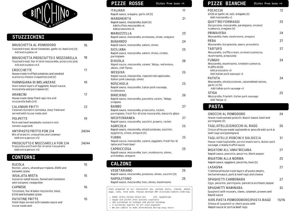 Menu at Birichino Cucina & Pizzeria, Balwyn
