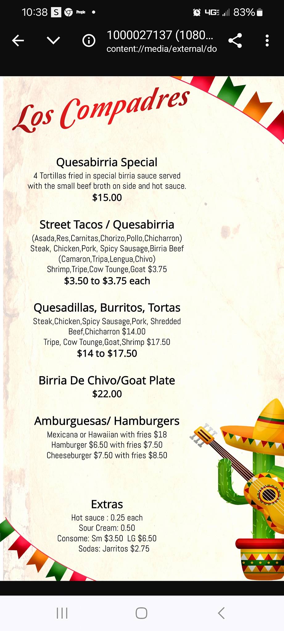 Menu at Birria & Barbacoa de Chivo Los Compadre's Taco Truck, Baton Rouge