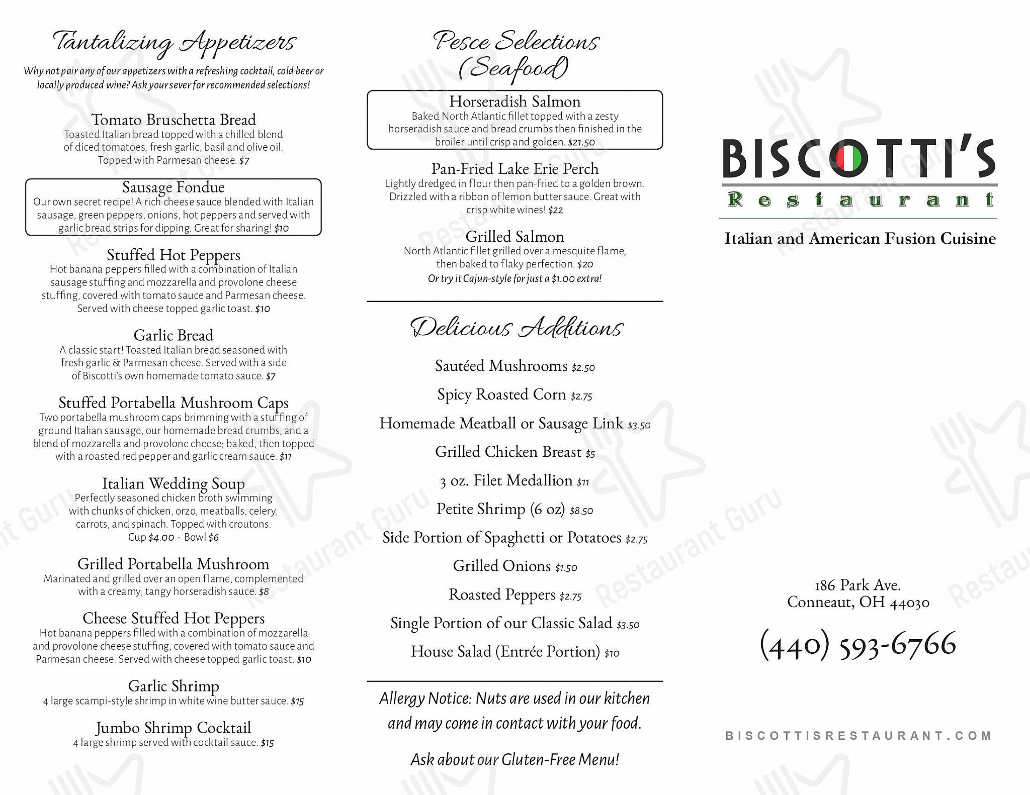 Menu at Biscotti's Restaurant, Conneaut