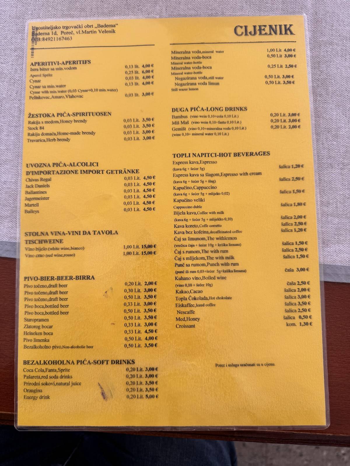 Carta del restaurante Bistro Baderna, Baderna