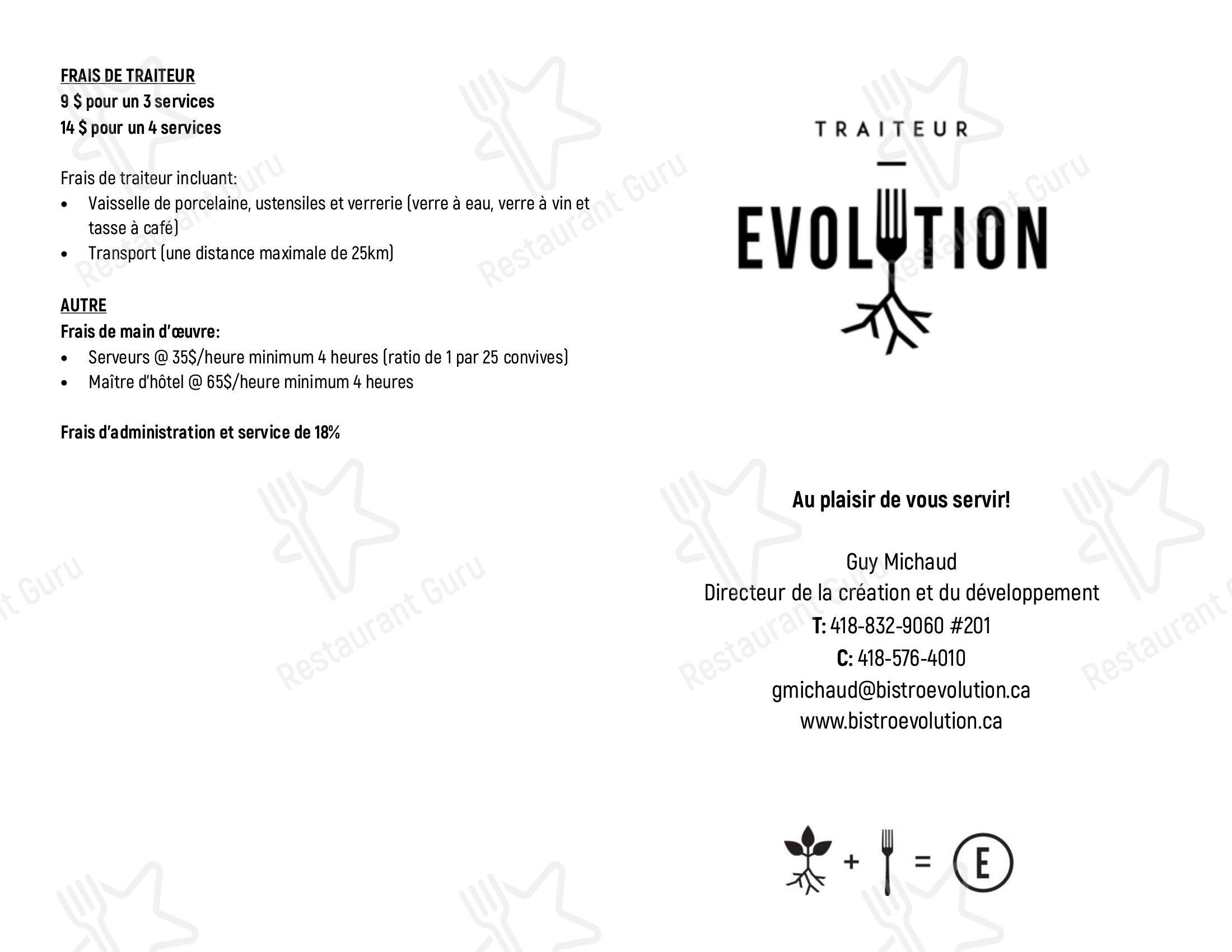 Menu au Bistro Evolution restaurant, Levis