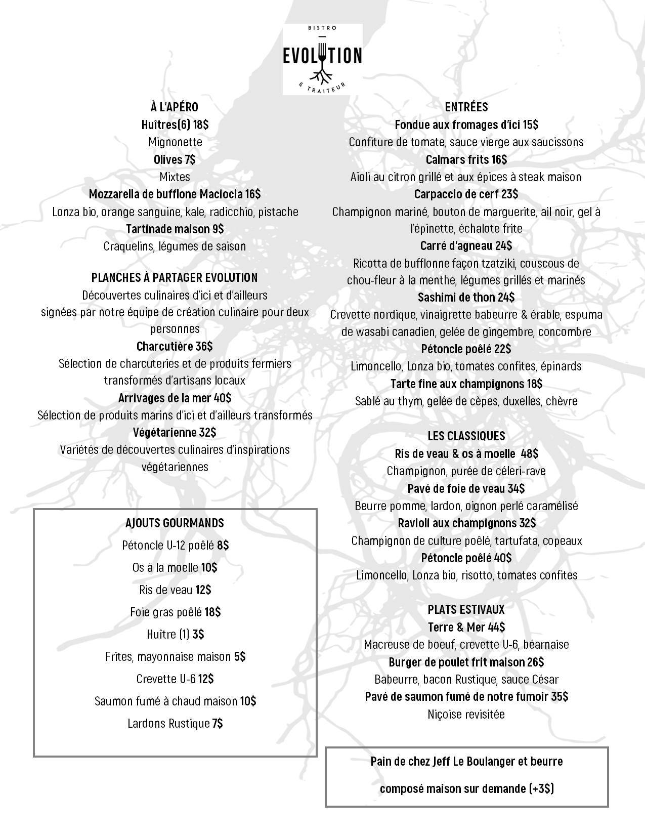 Menu au Bistro Evolution restaurant, Levis