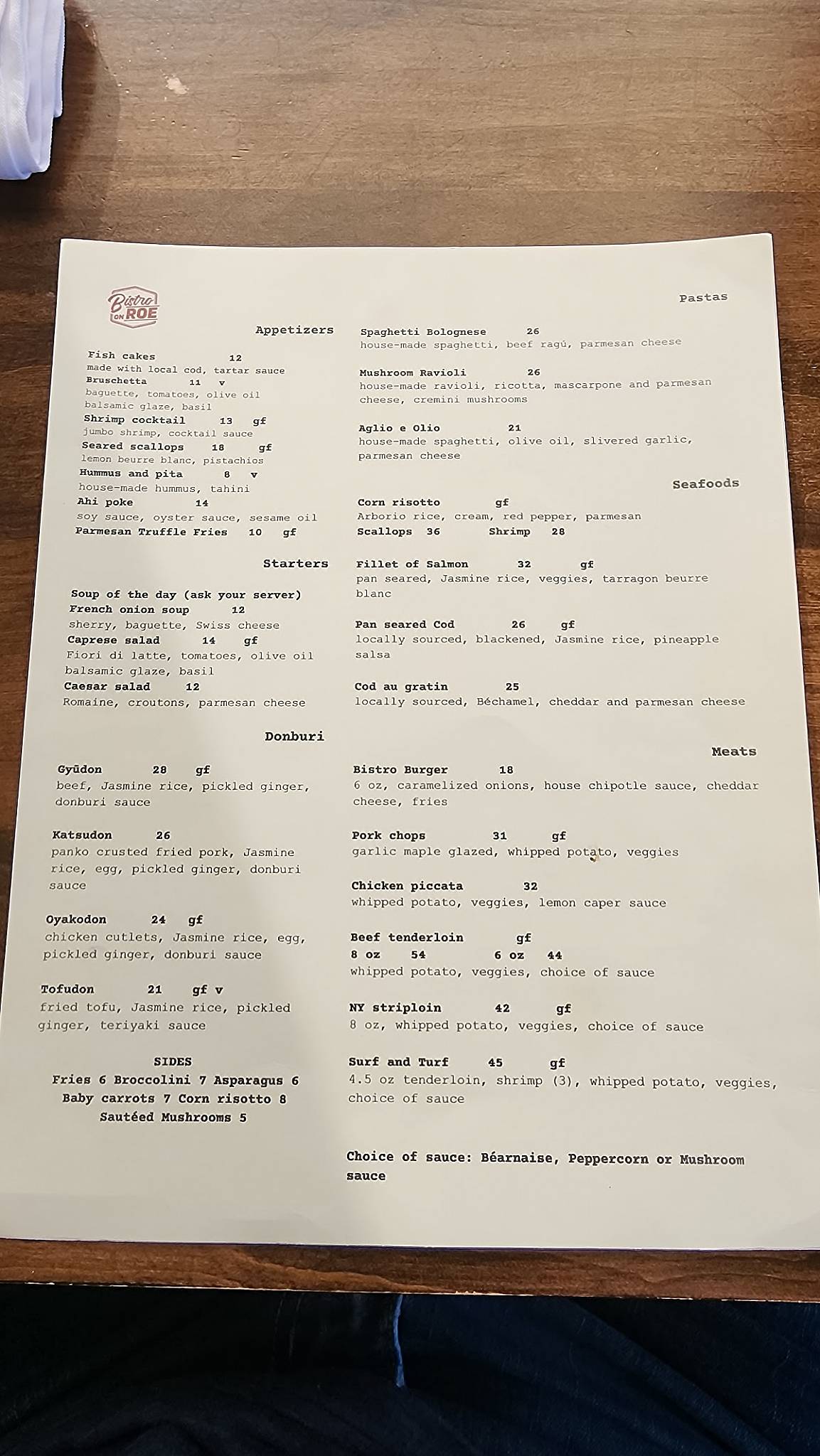 Menu at Bistro On Roe restaurant, Gander