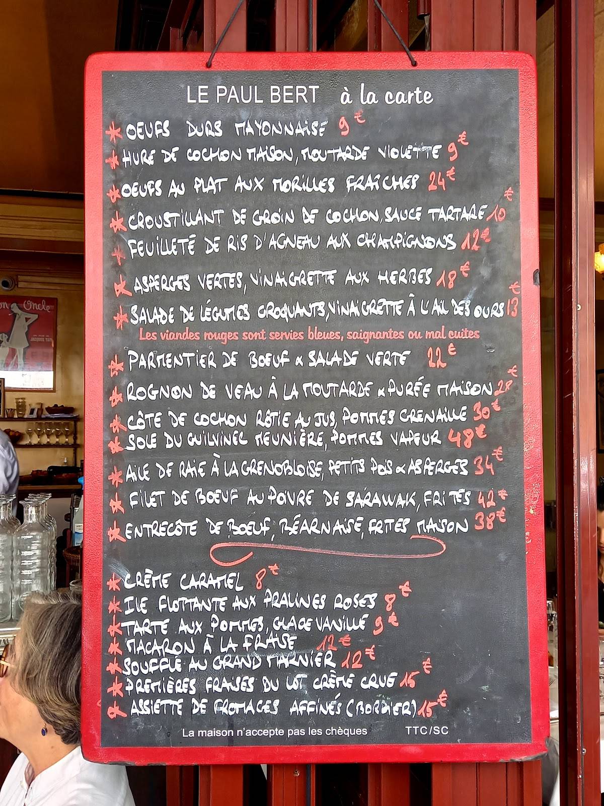 Menu at Bistrot Paul Bert restaurant, Paris