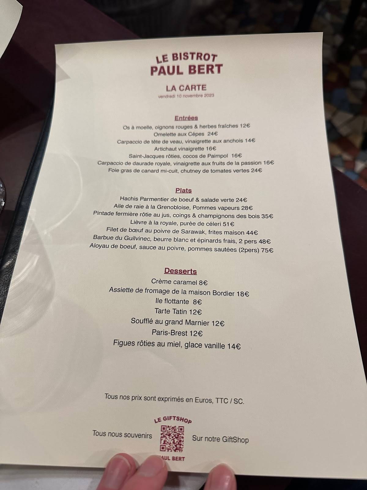 Menu au Bistrot Paul Bert restaurant, Paris
