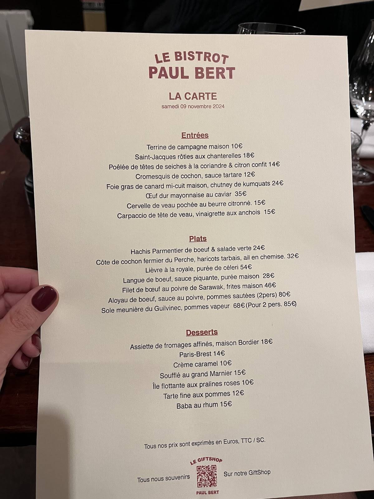 Menu au Bistrot Paul Bert restaurant, Paris