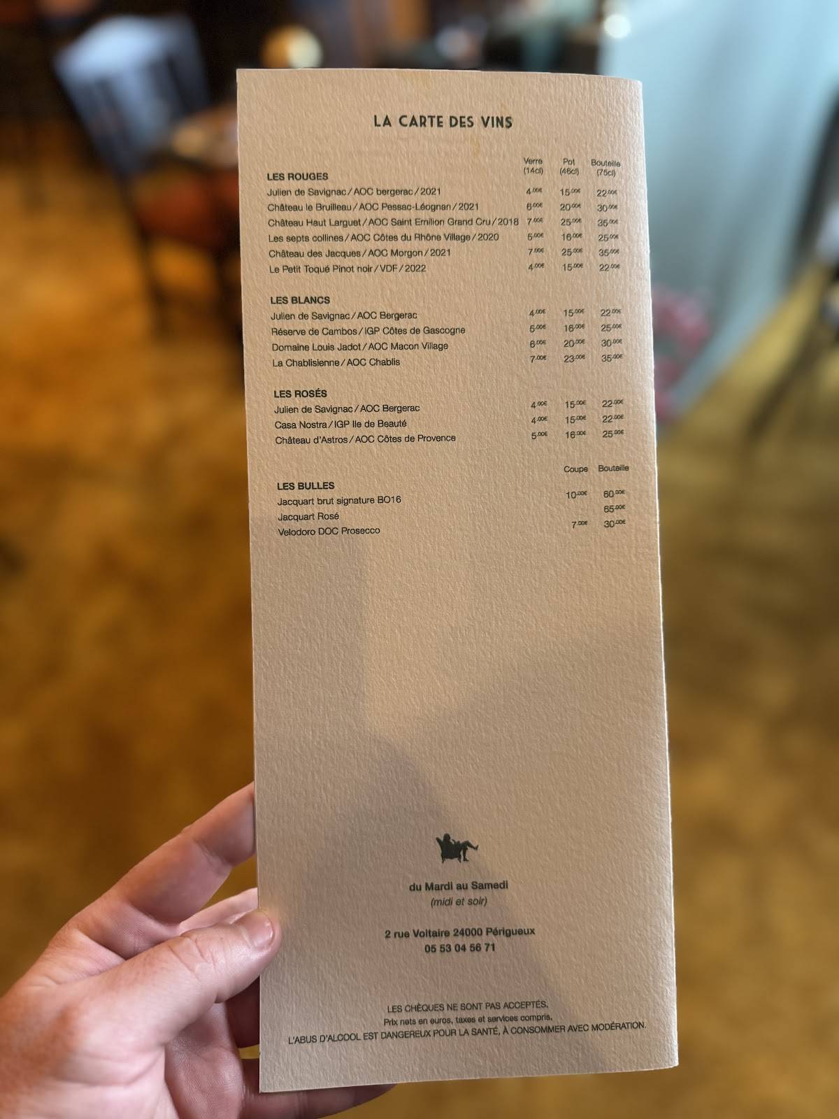 Menu au Bistrot Voltaire restaurant, Périgueux