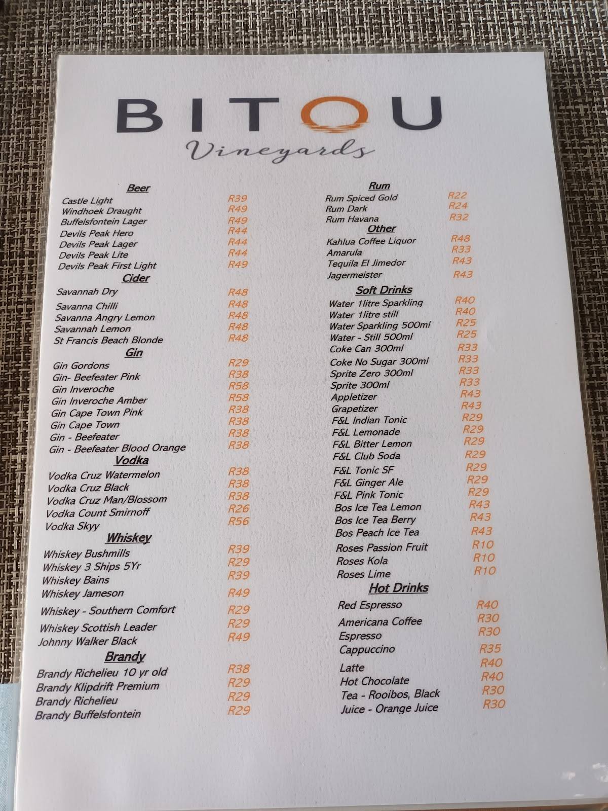 Menu at Bitou Vineyards restaurant, Plettenberg Bay