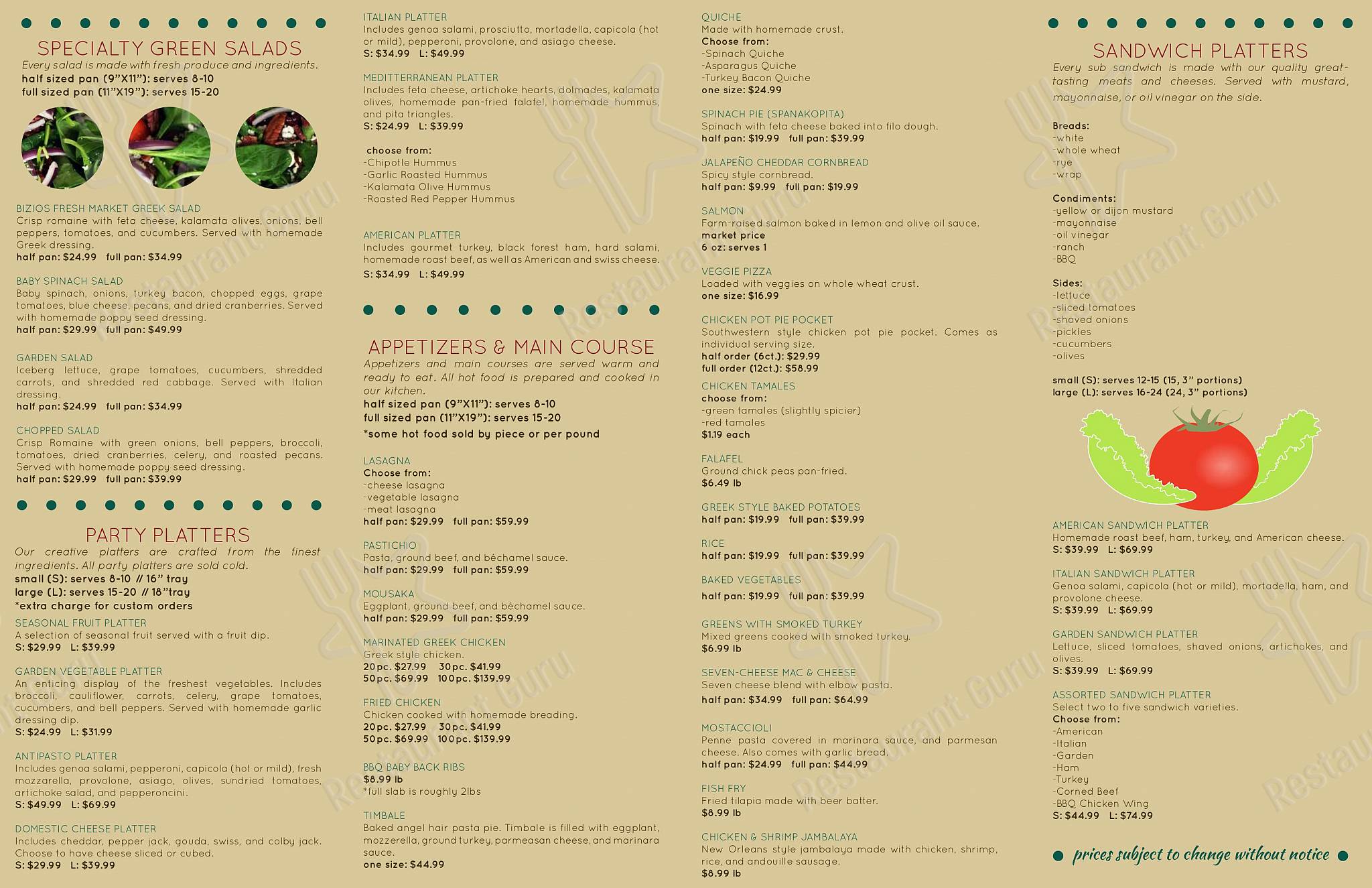 Menu at Bizios Fresh Market, Olympia Fields