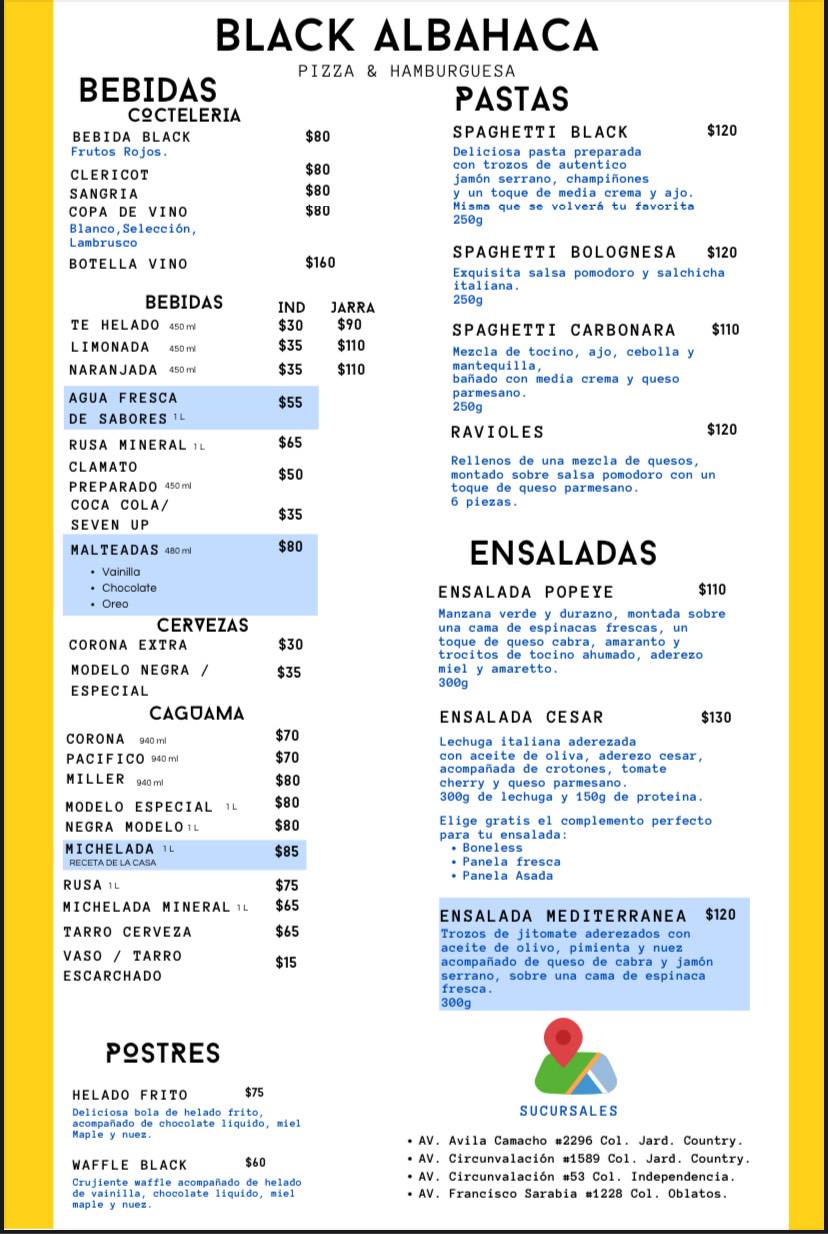 Carta del restaurante Black Albahaca Ávila Camacho, Guadalajara