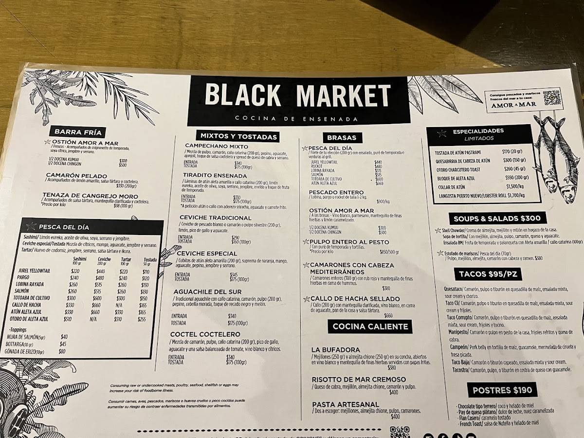 Menu at Black Market Cocina de Ensenada restaurant, San Pedro Garza García