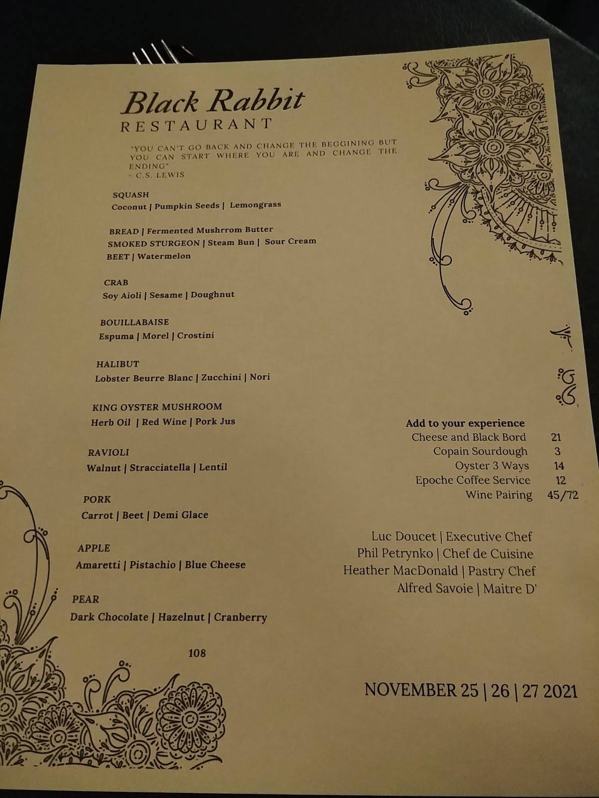 Menu at Black Rabbit restaurant, Moncton