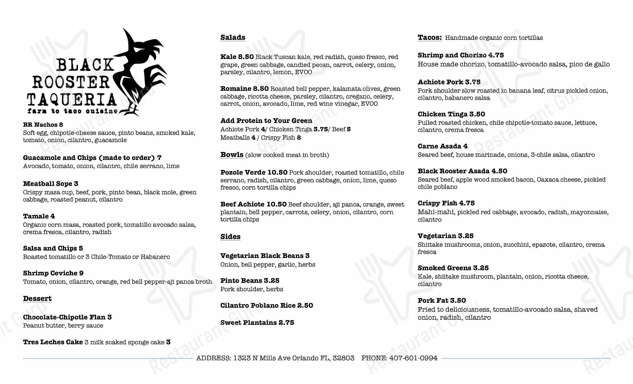 Carta del restaurante Black Rooster Taqueria, Orlando, N Mills Ave
