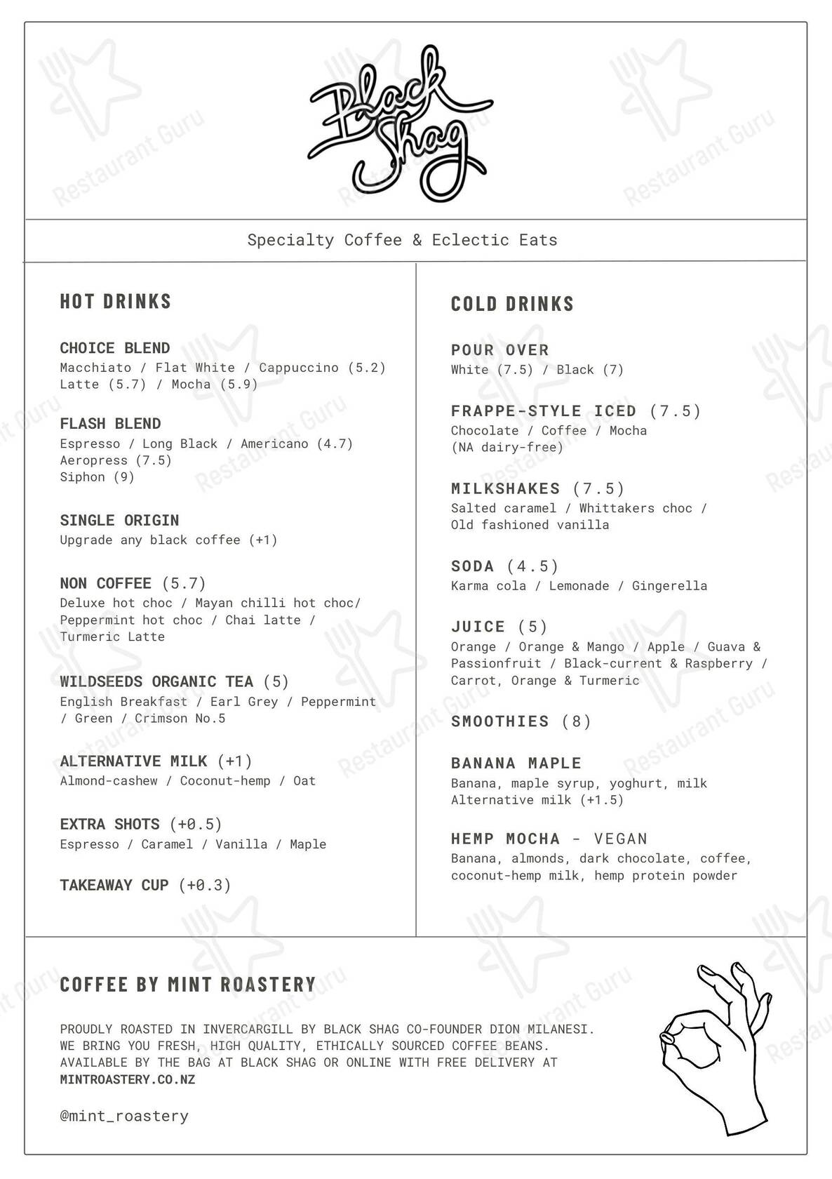 Menu at Black Shag Boutique Café cafe, Invercargill