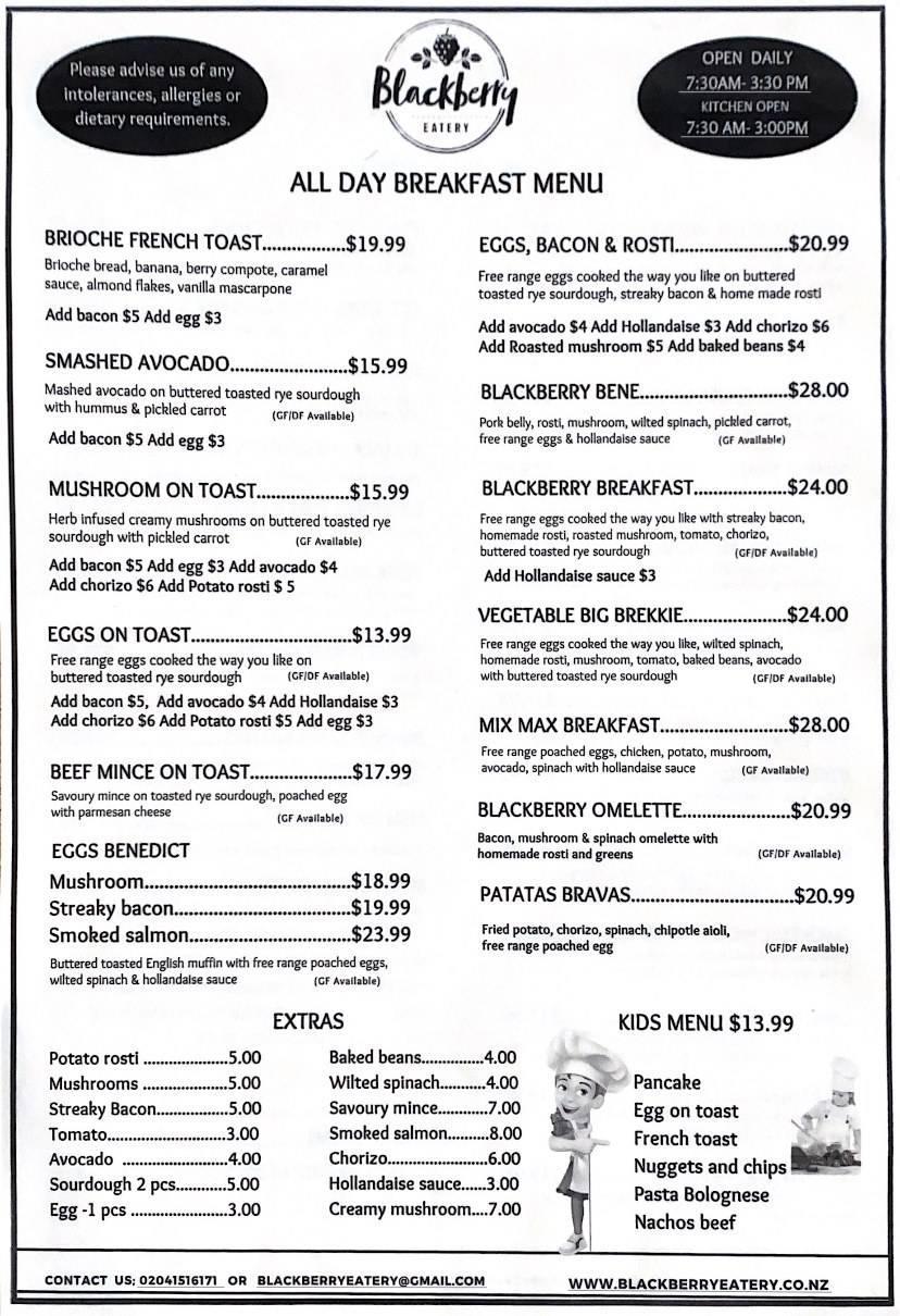 Menu at Blackberry eatery (breakfast lunch dinner) cafe, Papamoa