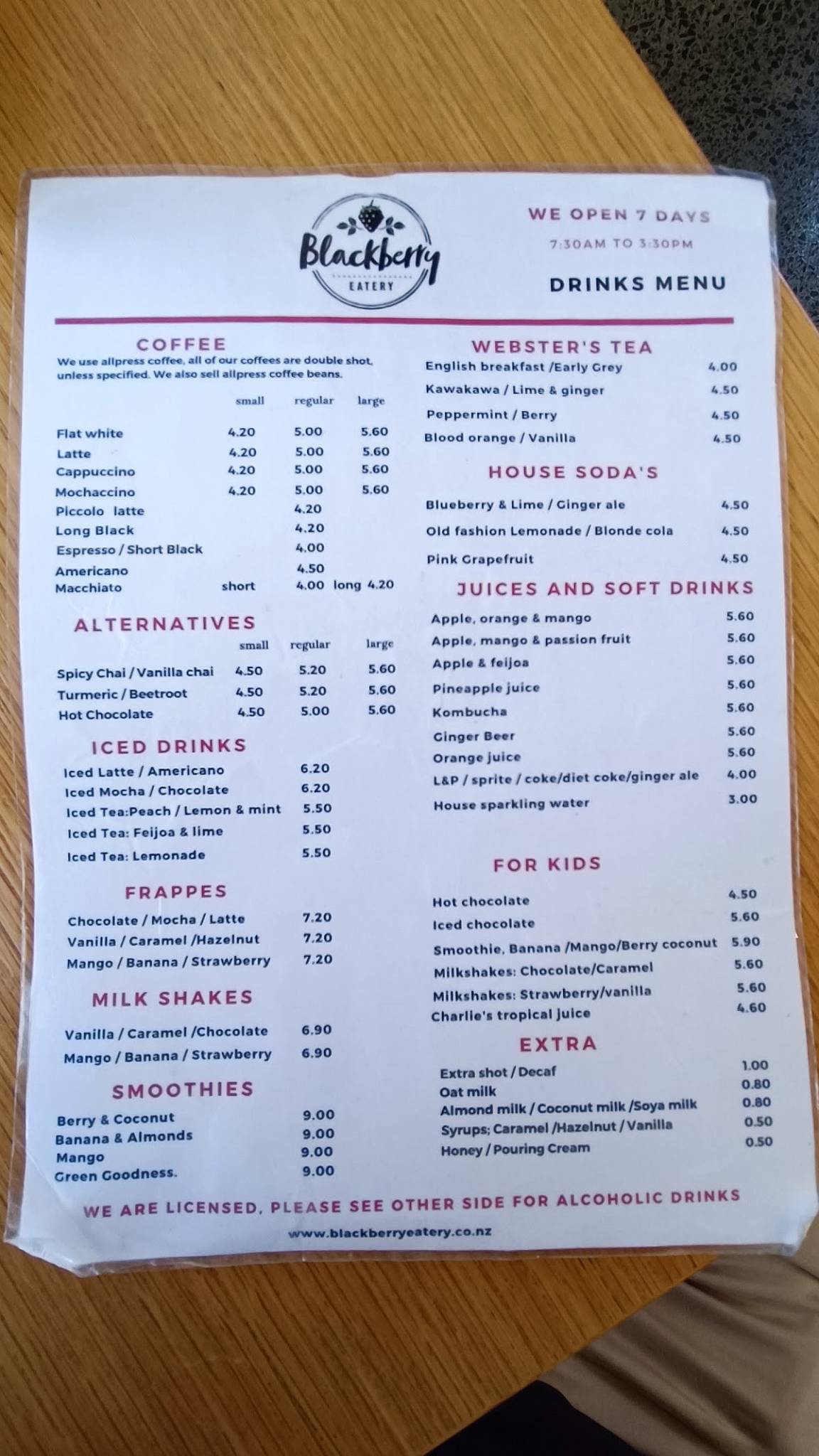 Menu at Blackberry eatery (breakfast lunch dinner) cafe, Papamoa