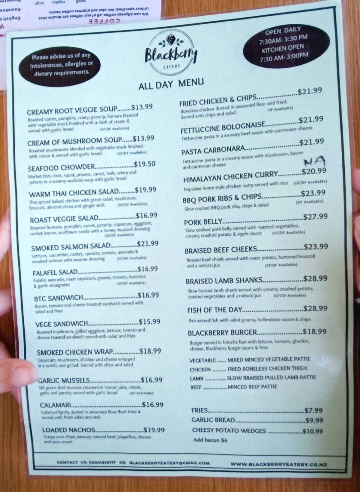 Menu at Blackberry eatery (breakfast lunch dinner) cafe, Papamoa